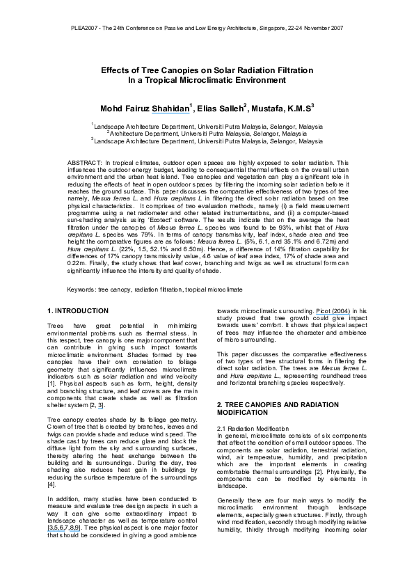 (PDF) Effects of tree canopies on solar radiation filtration in a tropical microclimatic environment