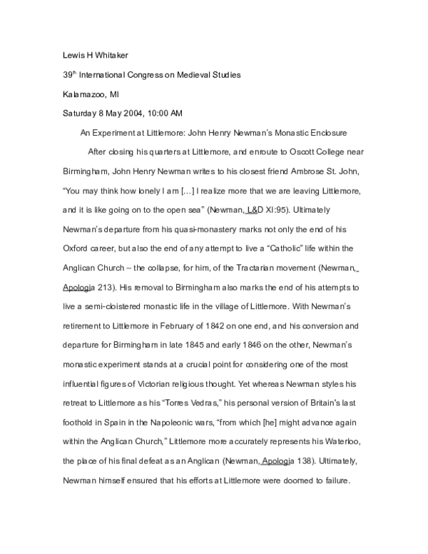 (DOC) An Experiment at Littlemore: John Henry Newman’s Monastic Enclosure