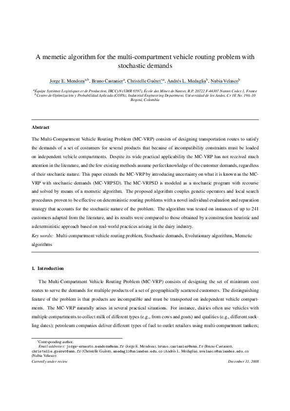 Pdf A Memetic Algorithm For The Multi Compartment Vehicle Routing Problem With Stochastic Demands 