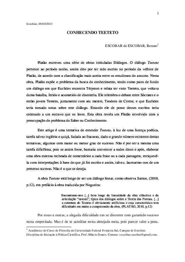 (PDF) CONHECENDO TEETETO | renato escobar de escobar - Academia.edu