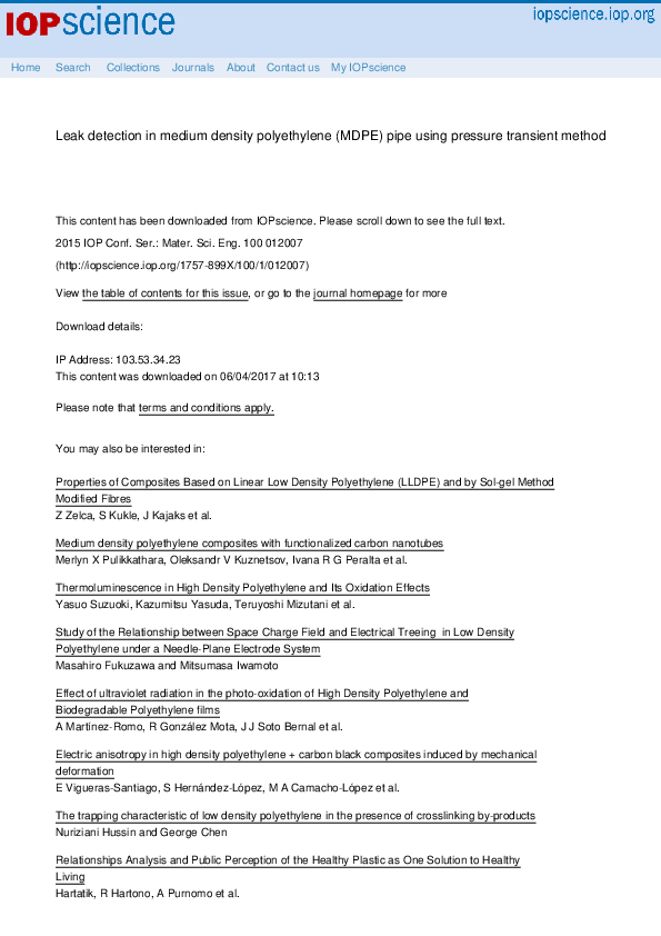(PDF) Leak detection in medium density polyethylene (MDPE) pipe using pressure transient method.pdf