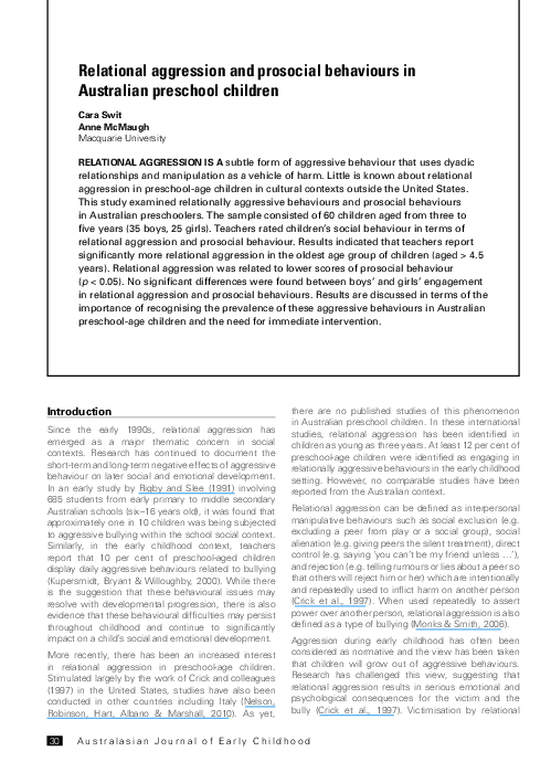 (PDF) Relational Aggression and Prosocial Behaviours in Australian Preschool Children