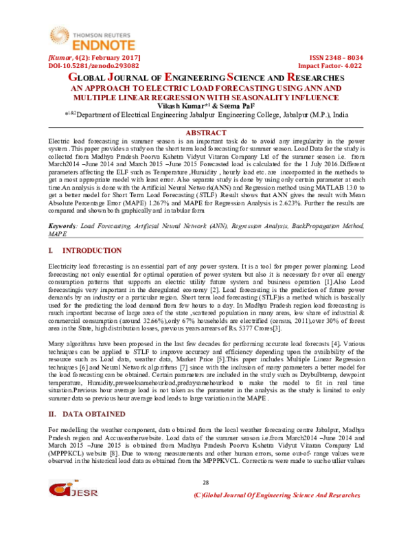 Pdf An Approach To Electric Load Forecasting Using Ann And Multiple Linear Regression With