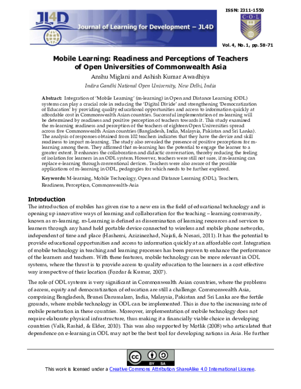 (PDF) Mobile Learning: Readiness and Perceptions of Teachers of Open ...
