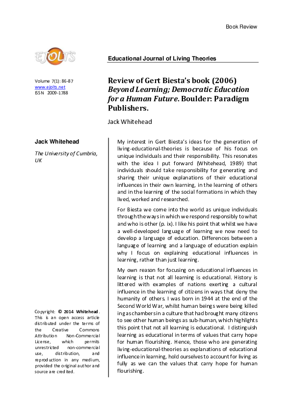 (PDF) Review of Gert Biesta’s book “Beyond Learning; Democratic ...