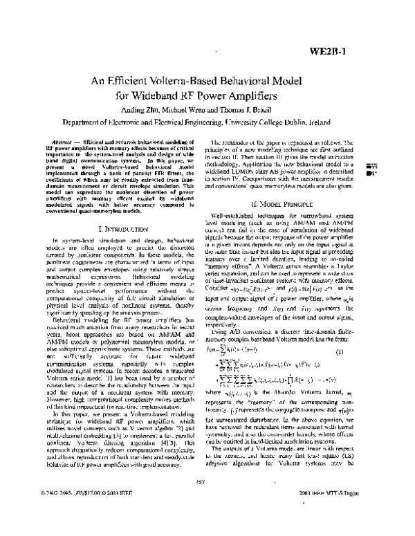 (PDF) An Efficient Volterra-Based Behavioral Model for Wideband RF Power Amplifiers