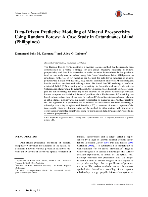 Pdf Data Driven Predictive Modeling Of Mineral Prospectivity Using Random Forests A Case