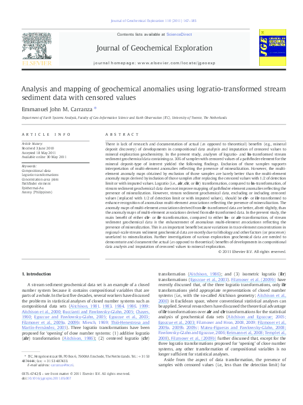 (PDF) Analysis and mapping of geochemical anomalies using logratio-transformed stream sediment ...