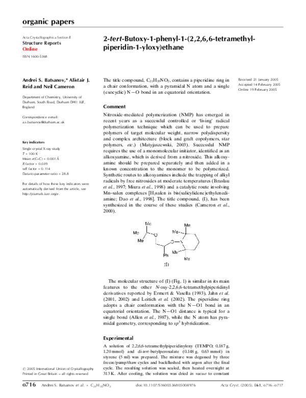 (PDF) 2- tert -Butoxy-1-phenyl-1-(2,2,6,6-tetramethylpiperidin-1-yloxy ...