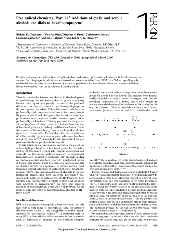 (PDF) Free radical chemistry. Part 11. Additions of cyclic and acyclic alcohols and diols to ...