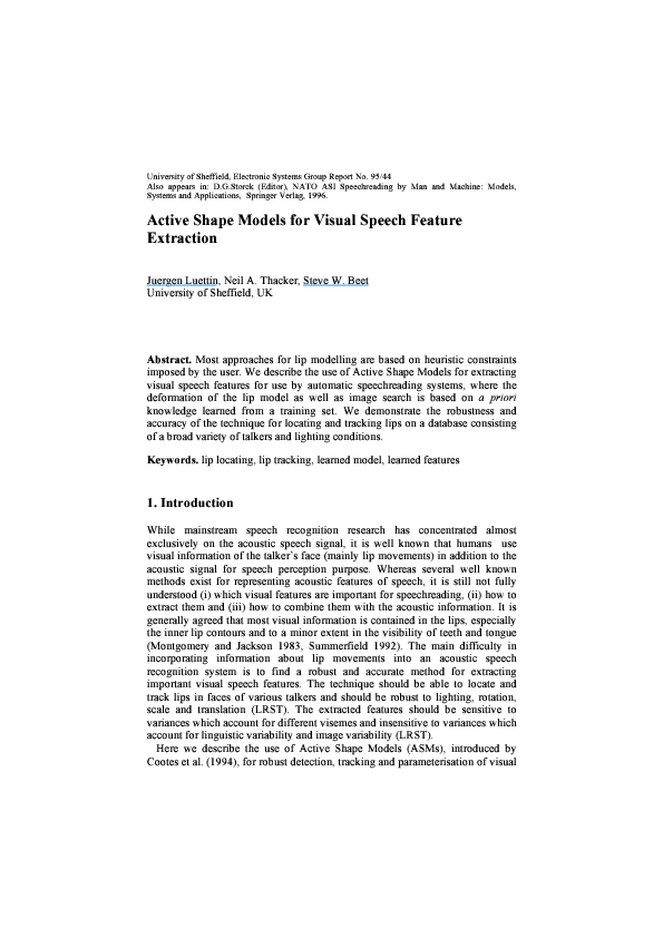 Pdf Active Shape Models For Visual Speech Feature Extraction