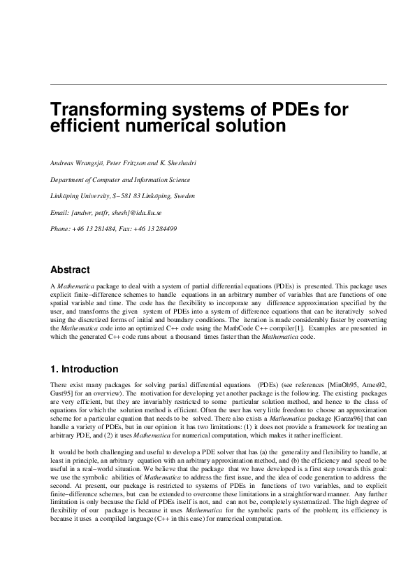 Pdf Transforming Systems Of Pdes For Efficient Numerical Solution