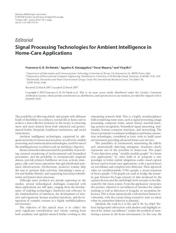 (PDF) Signal Processing Technologies for Ambient Intelligence in Home ...