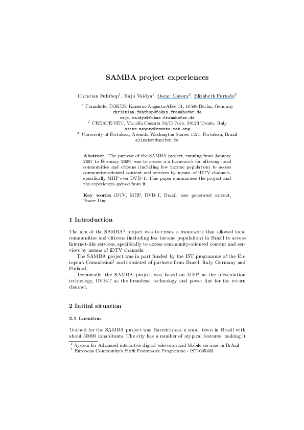 (PDF) SAMBA Project Experiences