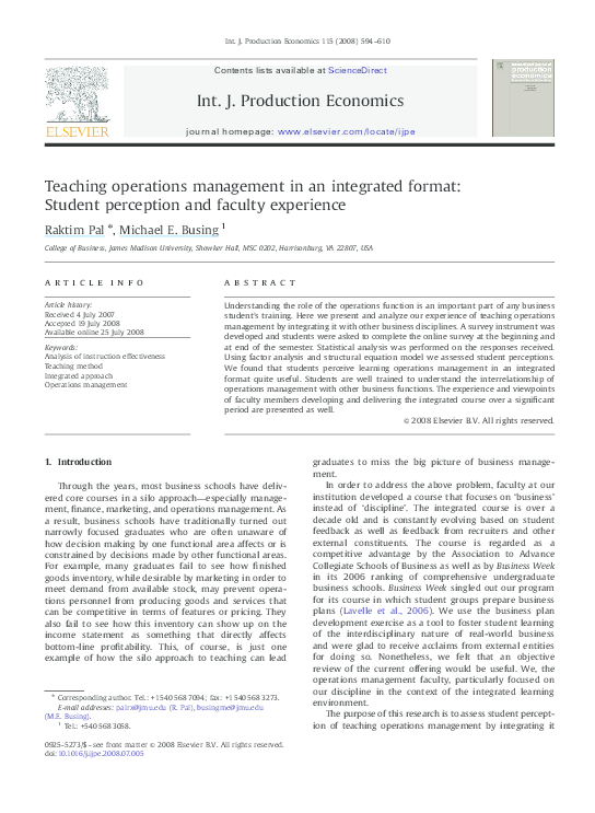 (PDF) Teaching operations management in an integrated format: Student ...