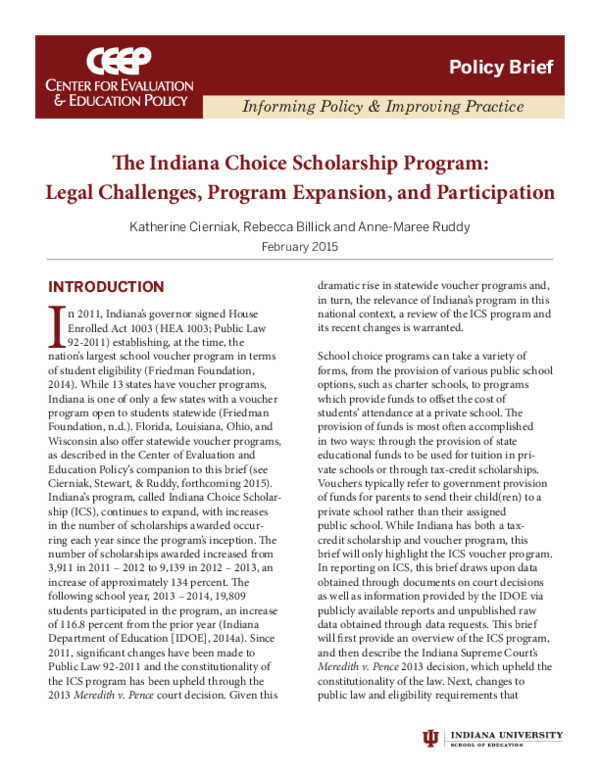 (PDF) The Indiana Choice Scholarship Program: Legal Challenges, Program ...