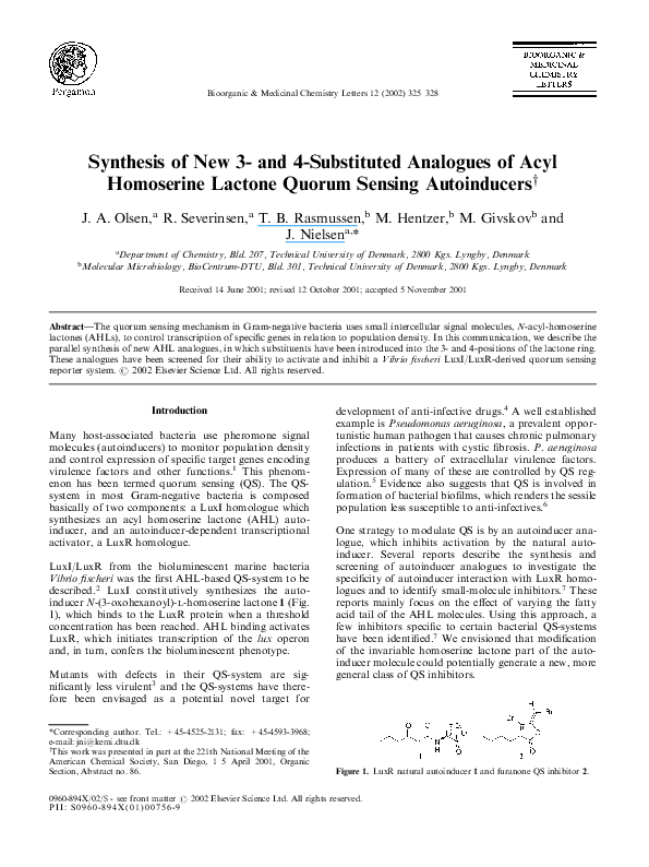 (PDF) Synthesis of new 3- and 4-substituted analogues of acyl homoserine lactone quorum sensing ...