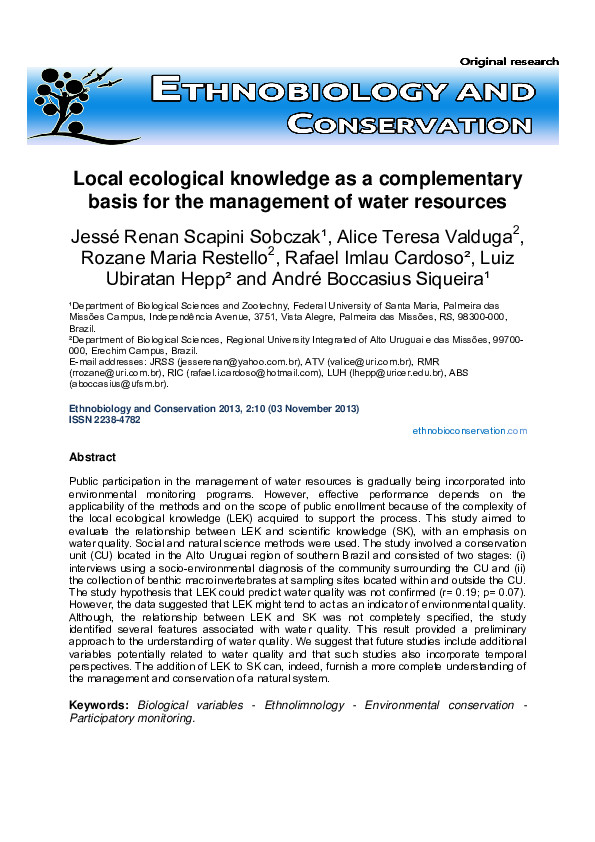 (PDF) Local ecological knowledge as a complementary basis for the ...