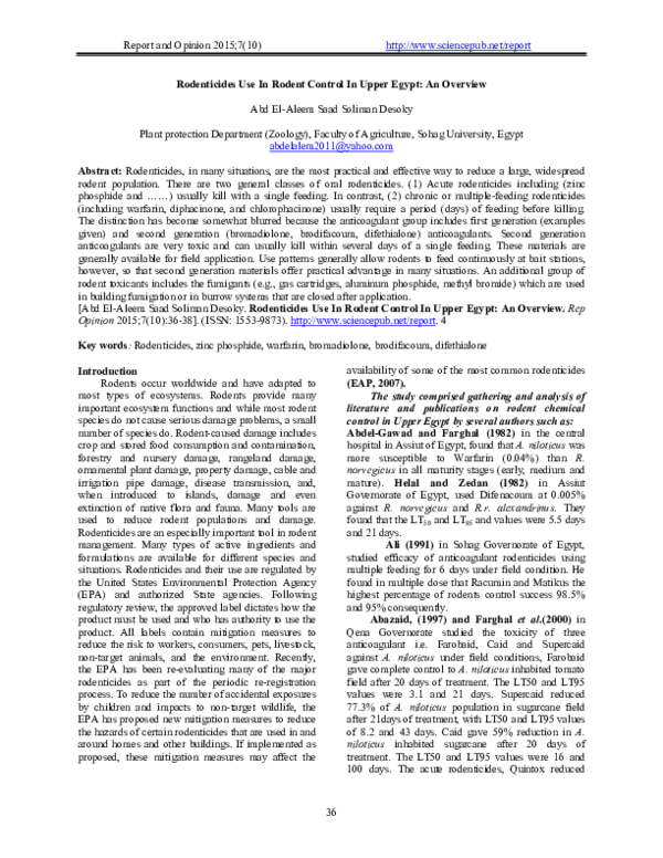 (PDF) Rodenticides Use In Rodent Control In Upper Egypt: An Overview