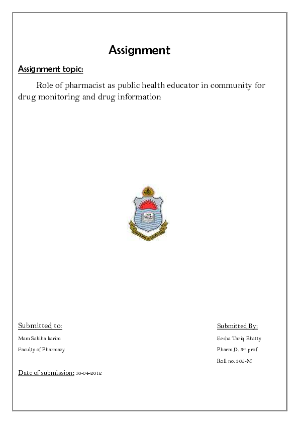 (PDF) Assignment Assignment topic: Role of pharmacist as public health ...