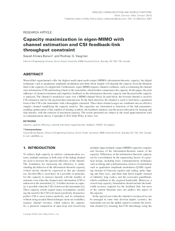 (PDF) Capacity maximization in eigen-MIMO with channel estimation and CSI feedback-link ...