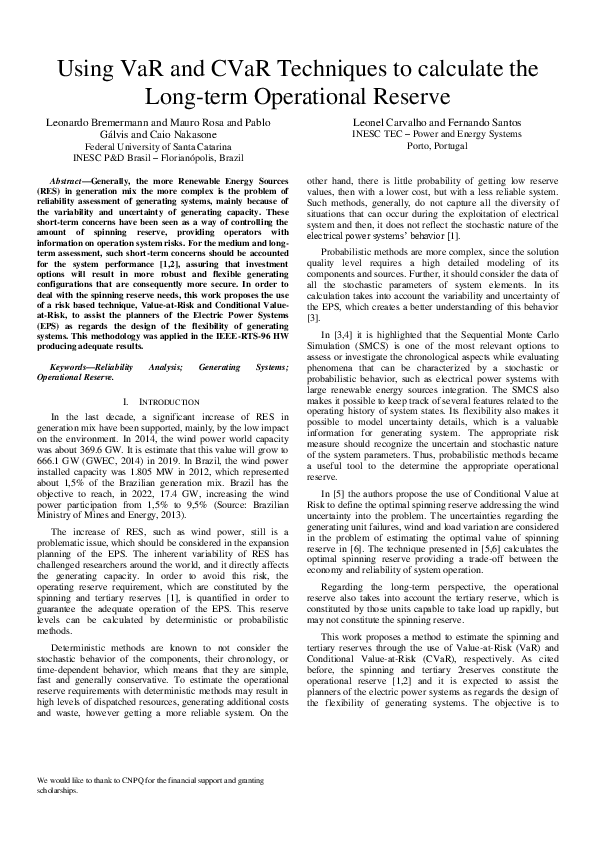 (PDF) Using VaR and CVaR Techniques to calculate the Long-term Operational Reserve