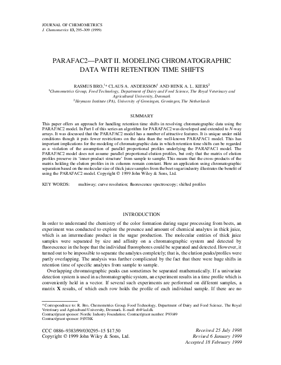 (PDF) PARAFAC2—Part II. Modelling chromatographic data with retention time shifts | Claus A ...