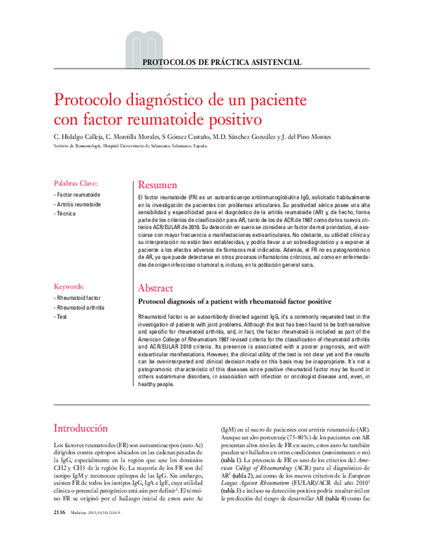 (PDF) Protocolo diagnóstico de un paciente con factor reumatoide positivo