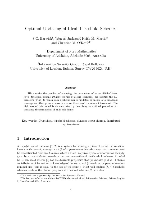(PDF) Optimal Updating of Ideal Threshold Schemes