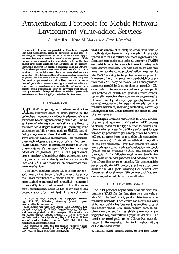 Pdf Authentication Protocols For Mobile Network Environment Value Added Services Keith