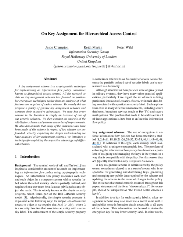 Pdf On Key Assignment For Hierarchical Access Control