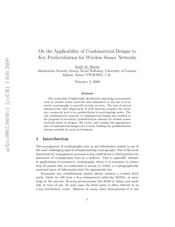 Pdf On The Applicability Of Combinatorial Designs To Key Predistribution For Wireless Sensor