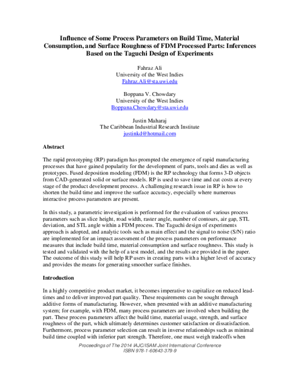 (PDF) Influence of Some Process Parameters on Build Time, Material Consumption, and Surface ...