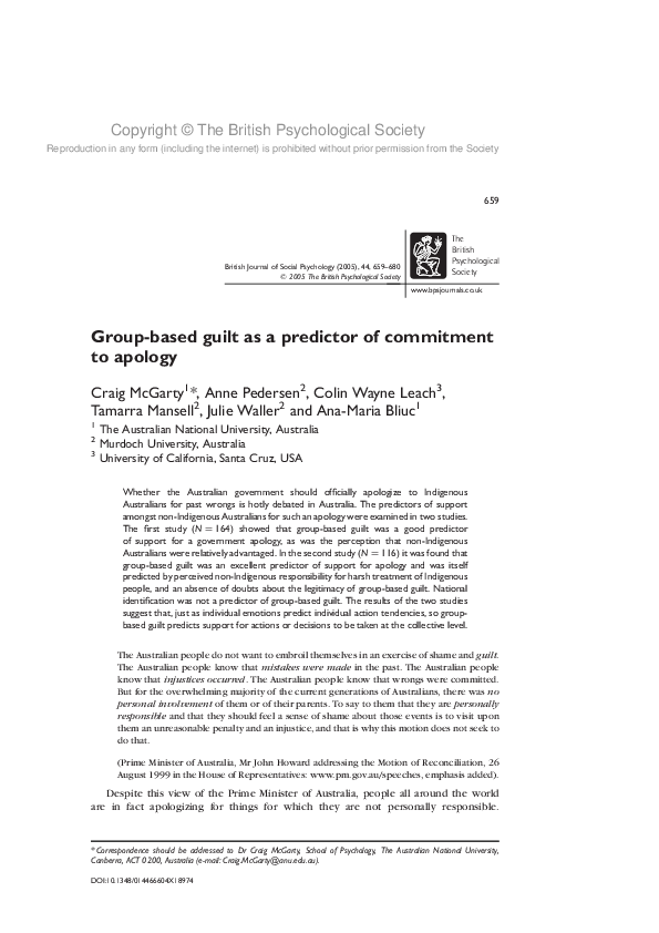 (PDF) Group-based guilt as a predictor of commitment to apology | Colin ...