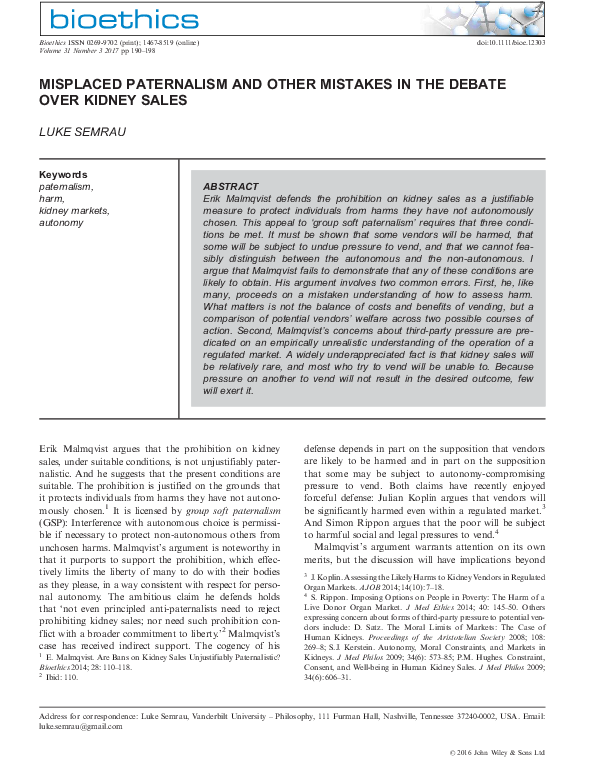 (PDF) MISPLACED PATERNALISM AND OTHER MISTAKES IN THE DEBATE OVER ...