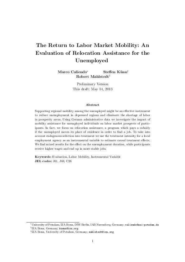 (PDF) The Return to Labor Market Mobility: An Evaluation of Relocation ...