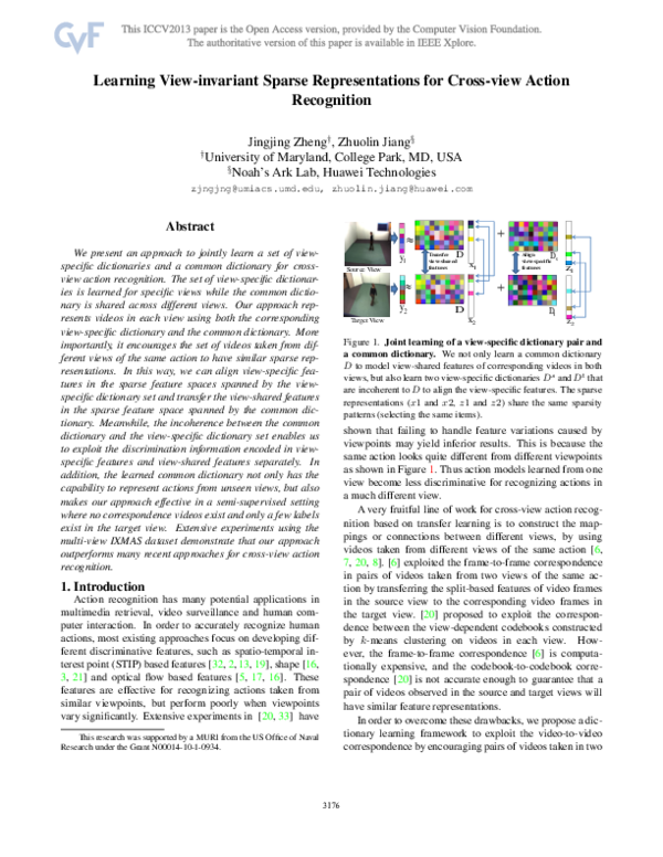 Pdf Learning View Invariant Sparse Representations For Cross View Action Recognition Zhuolin