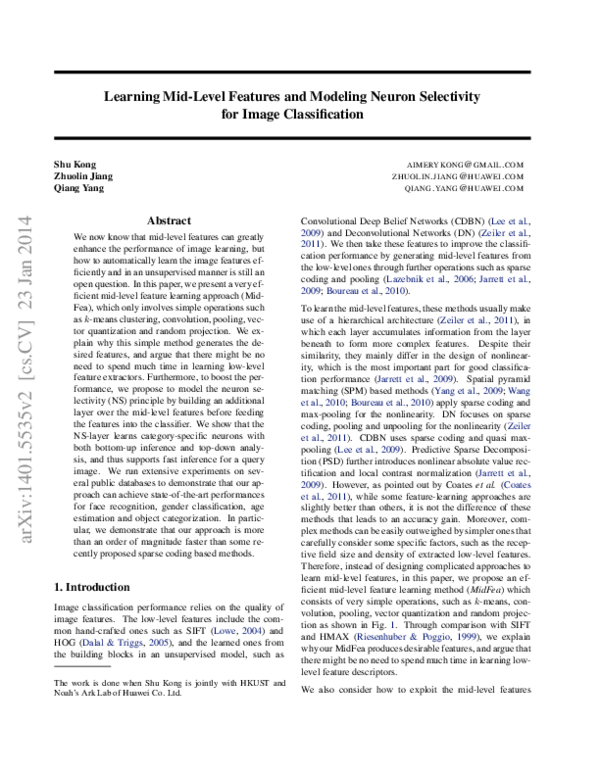 (PDF) Learning Mid-Level Features and Modeling Neuron Selectivity for Image Classification