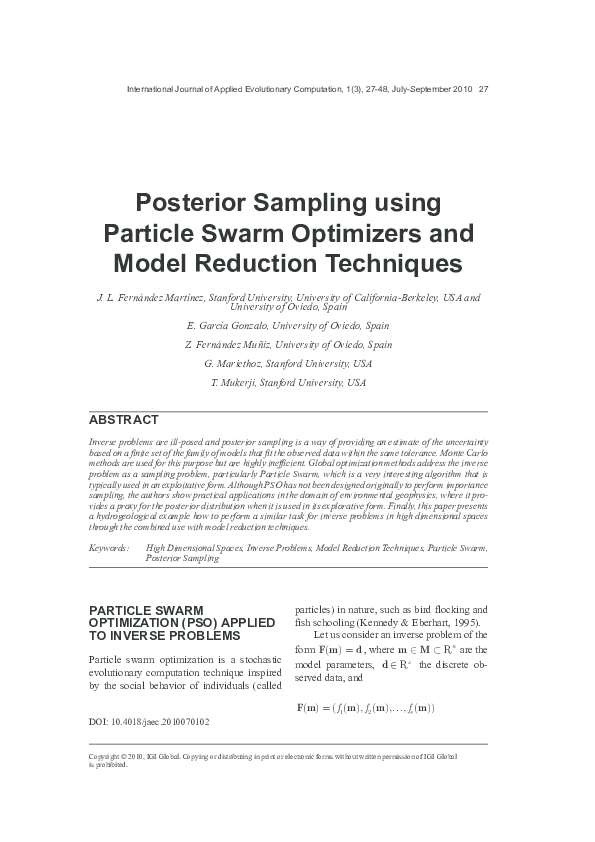 (PDF) Posterior Sampling using Particle Swarm Optimizers and Model Reduction Techniques | T ...