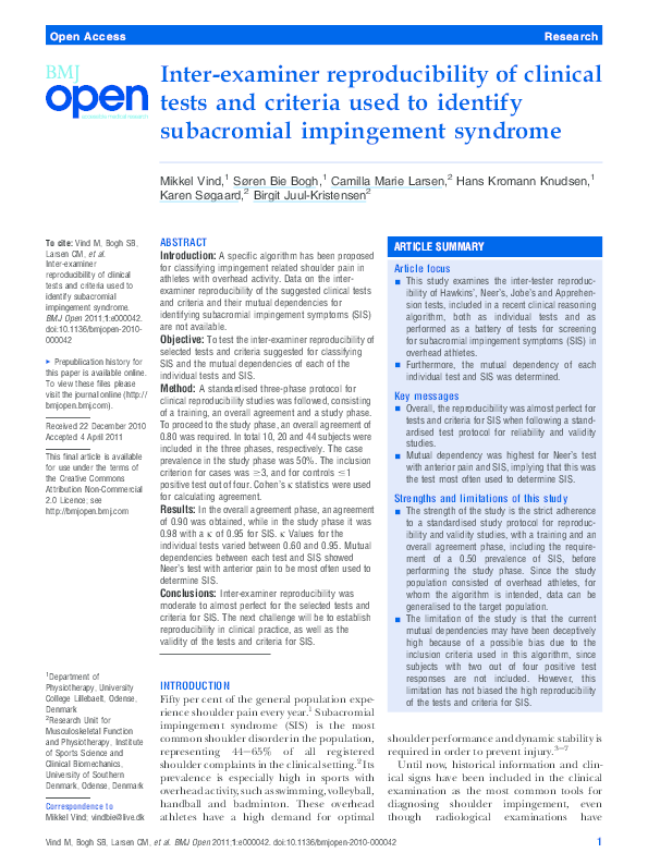 (PDF) Inter-examiner Reproducibility for SIS Tests