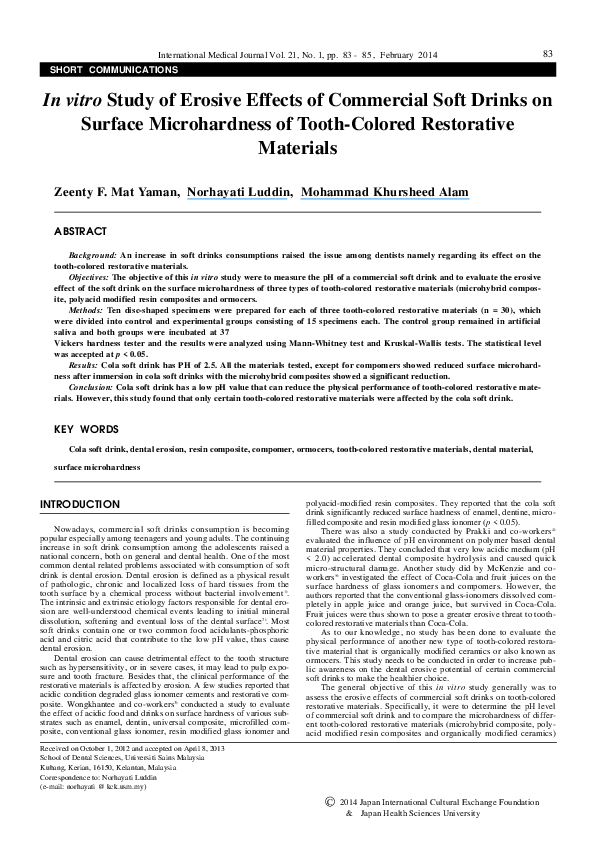 (PDF) In vitro Study of Erosive Effects of Commercial Soft Drinks on Surface Microhardness of ...