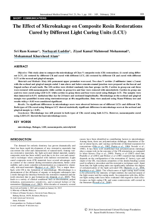 Pdf The Effect Of Microleakage On Composite Resin Restorations Cured By Different Light Curing
