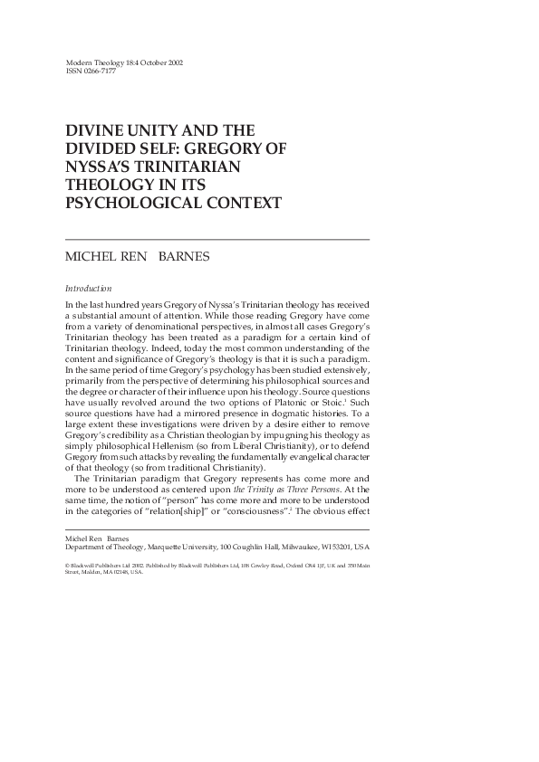 (PDF) Divine Unity and the Divided Self: Gregory of Nyssa's Trinitarian ...