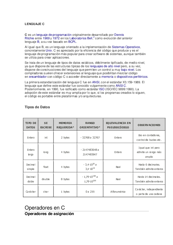 (PDF) LENGUAJE C Tipos de Datos TIPO DE DATOS SE ESCRIBE MEMORIA REQUERIDA* RANGO ORIENTATIVO ...