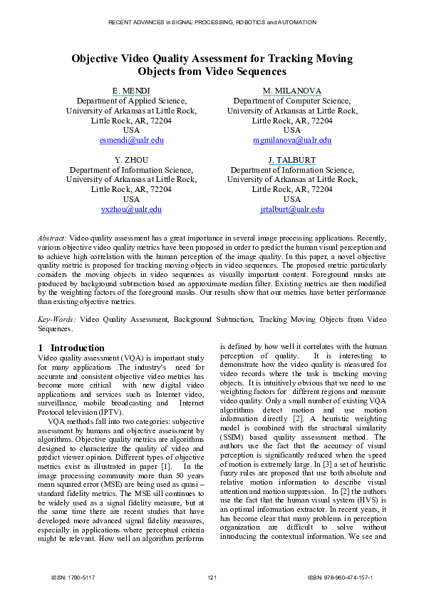 (PDF) Objective video quality assessment for tracking moving objects from video sequences