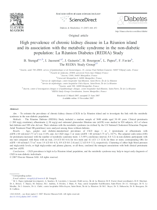 (PDF) High prevalence of chronic kidney disease in La Réunion island ...
