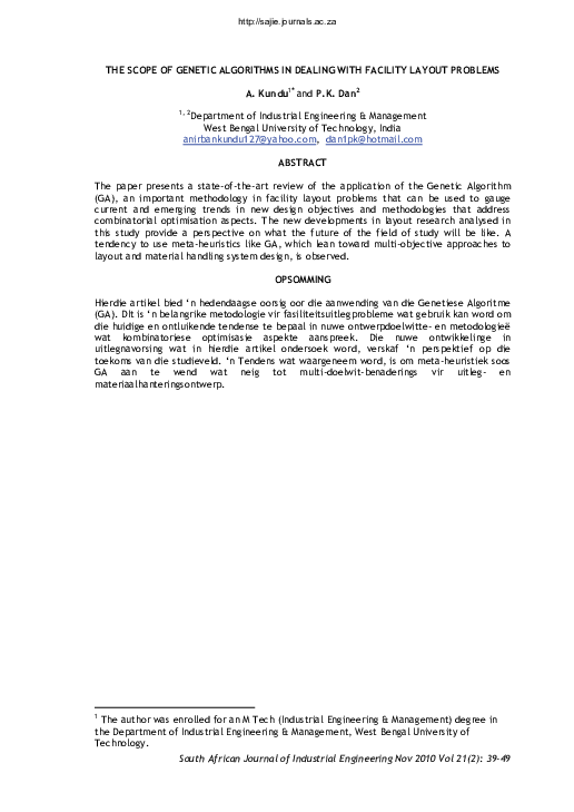 Pdf The Scope Of Genetic Algorithms In Dealing With Facility Layout