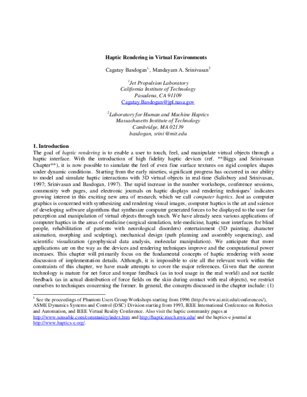 (PDF) Haptic Rendering in Virtual Environments