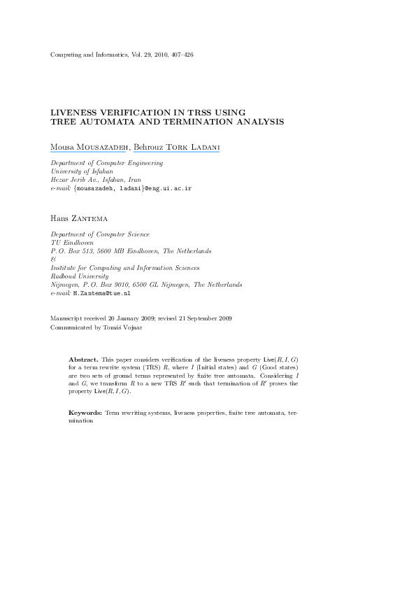 (PDF) Liveness Verification in TRSs Using Tree Automata and Termination Analysis | Behrouz Tork ...