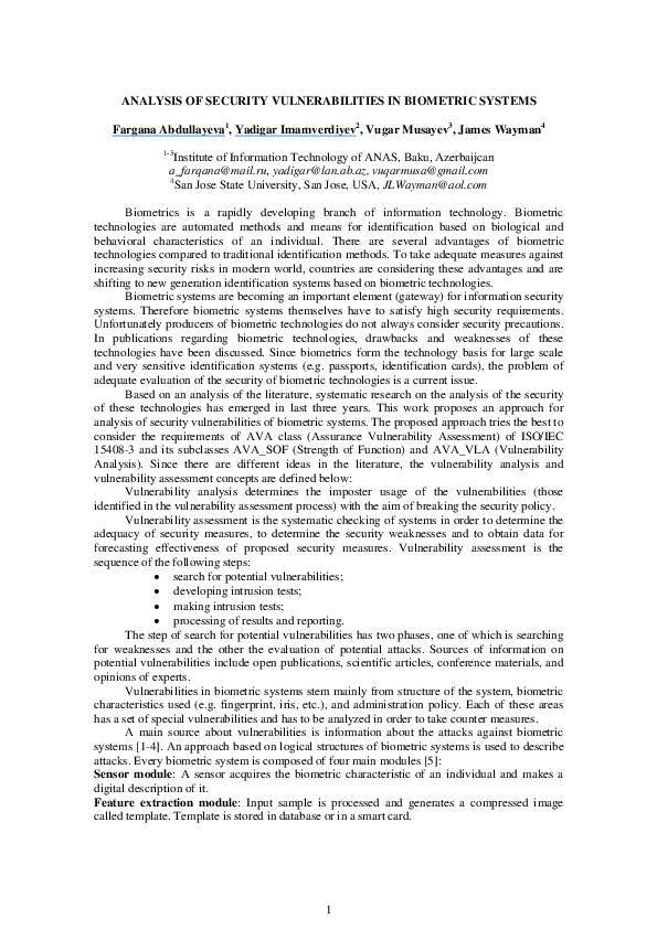 Pdf Analysis Of Security Vulnerabilities In Biometric Systems 